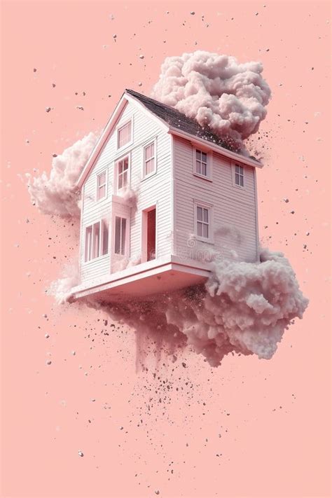 Surreal Floating House Surrounded By Pink Clouds And Particles