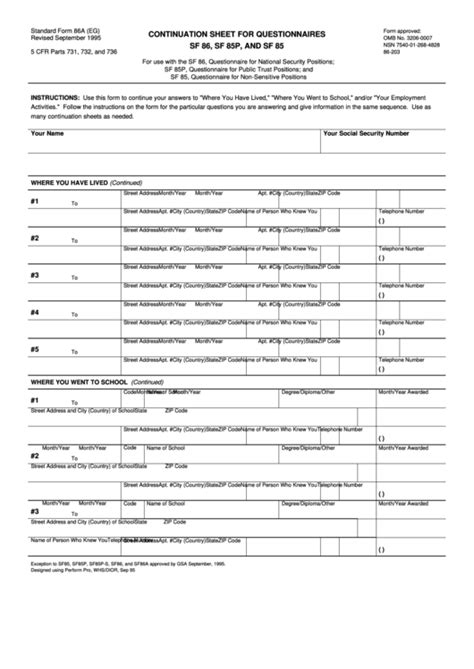 Standard Form 86a Continuation Sheet For Questionnaires Sf 86 Sf 85p And Sf 85 Printable Pdf