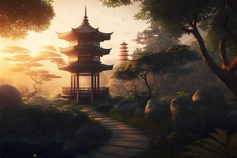 Premium Ai Image Japanese Nature Landscape With Mountains And Tiered Tower Neural Network Ai Premium Ai Image Japanese Nature Landscape With Mountains And Tiered Tower Neural Network Ai