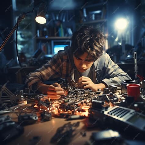 Premium Ai Image A Boy Programming Recycled Robotics Creativity And