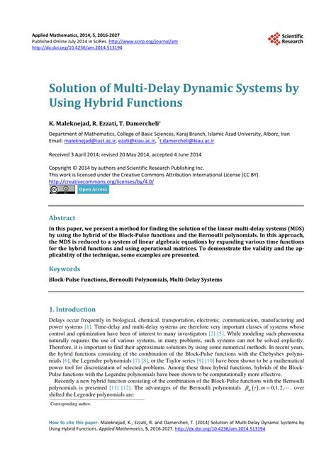 Pdf Solution Of Multi Delay Dynamic Systems By Using Hybrid Functions