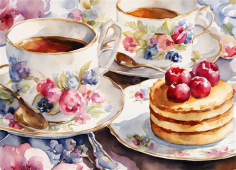 Beautiful Abstract Tea Art With Small Cakes And Teacups Stock Illustration Illustration Of