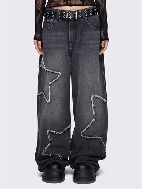 Black Wash Baggy Wide Leg Jeans With Star Patches Minga London