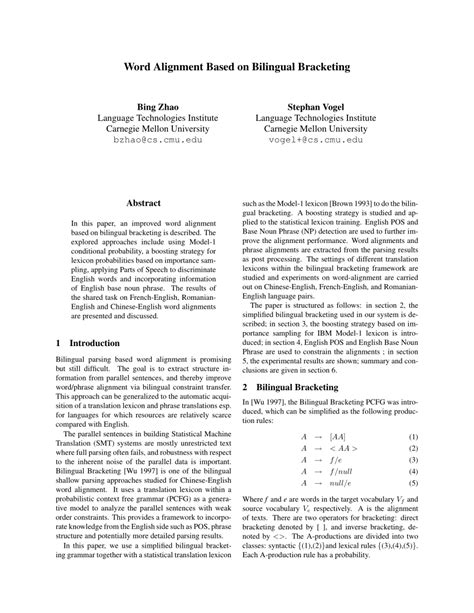 Pdf Word Alignment Based On Bilingual Bracketing