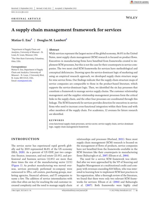 J Of Business Logistics 2022 Enz A Supply Chain Management Framework For Services Pdf