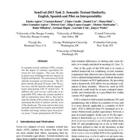 Semeval 2015 Task 2 Semantic Textual Similarity English Spanish And