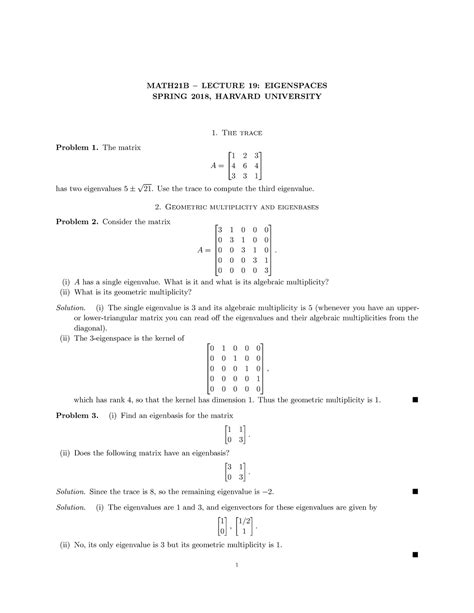 Worksheet 19 Math21b Lecture 19 Eigenspaces Spring 2018 Harvard University The Trace
