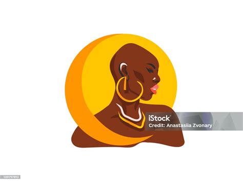 손으로 그린 벡터 추상 스톡 플랫 그래픽 일러스트와 민족 부족 흑인 아름다운 아프리카 계 미국인 여성과 황금 귀걸이와 간단한 스타일로 달 흰색 배경에 고립 마녀에 대한 스톡