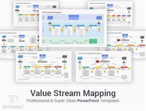 The Value Stream Map For Powerpoint Templates Is Shown In Several Different Colors And Sizes