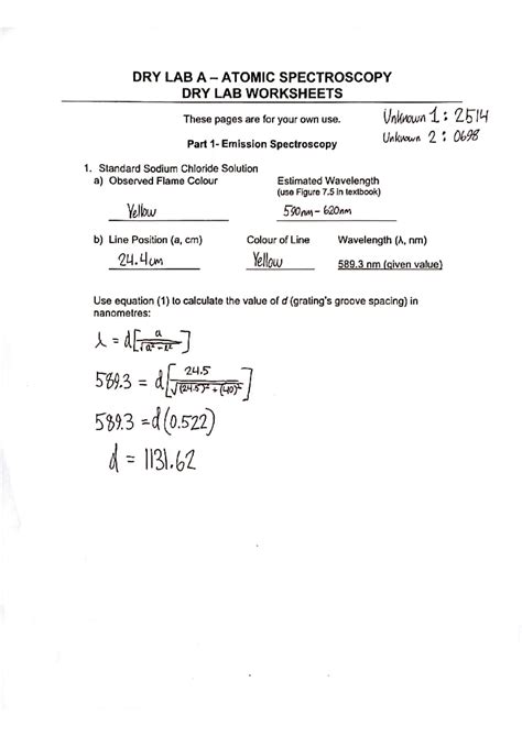 dry lab a atomic spectroscopy dry lab worksheets unknown 1 2514