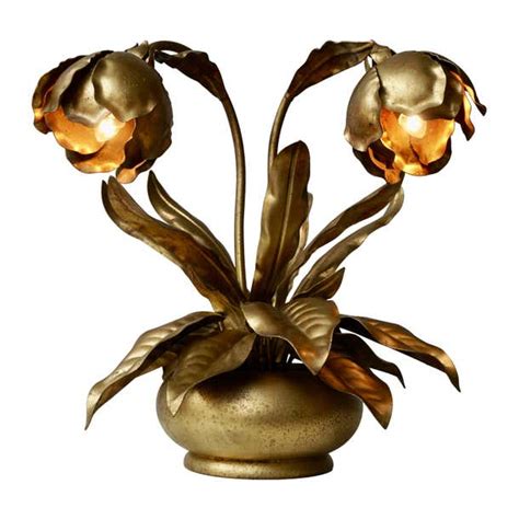 Rare Vintage Rose Flower Table Lamp In Brass And Wood At 1stdibs