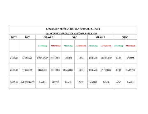 Quarterly Special Class Time Table 2018 Don Bosco Matric Hr Sec