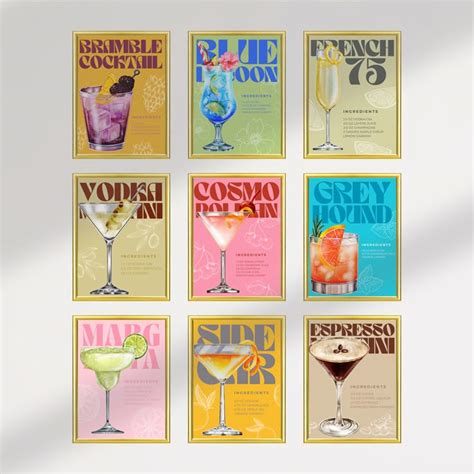 Retro Cocktail Recipe Prints Colorful Bar Cart Art Set Of 9 Bar