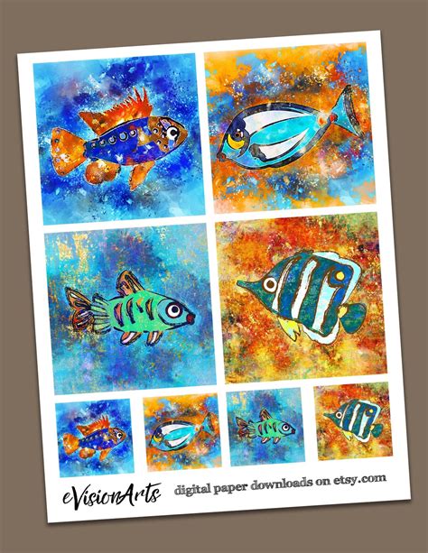 Printable Fish Craft Paper Collage Sheet Scrapbook Watercolor