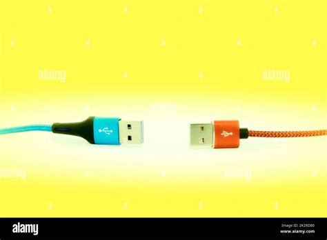 Blue Red Universal Serial Bus Cables Isolated On Yellow Background