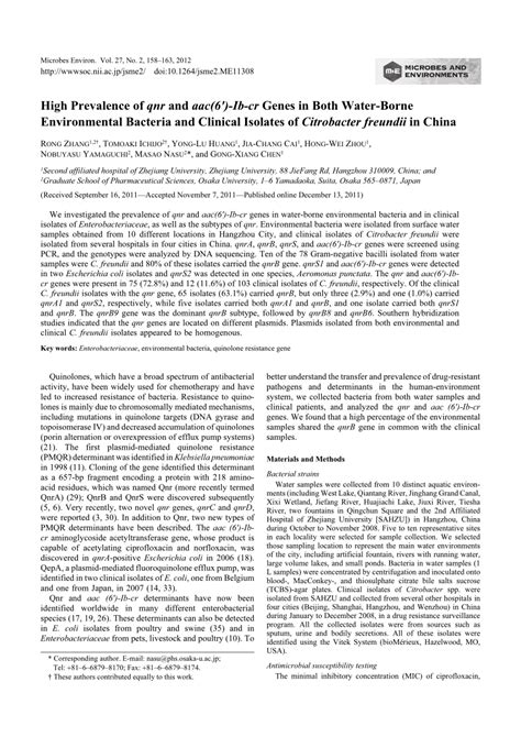 Pdf High Prevalence Of Qnr And Aac 6′ Ib Cr Genes In Both Water Borne Environmental Bacteria