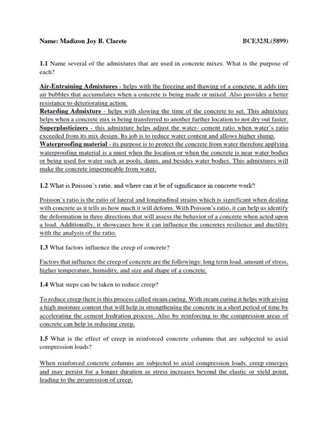 Chapter 1 Problem Sets Pdf Concrete Creep Deformation