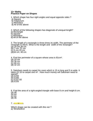 11 Maths Practice Paper On Shapes For Years 4 5 With Answers And
