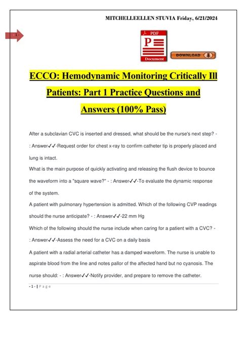 Ecco Hemodynamic Monitoring Critically Ill Patients Part 1 Practice Questions And Answers 100