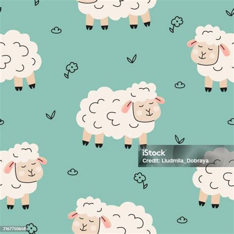 귀여운 양과 꽃 요소가 있는 완벽한 패턴 아이들을 위한 재미있는 낙서 배경 셔츠 섬유 그래픽 디자인 벽지 포장지 의류 벡터 손 그려진 그림 가축에 대한 스톡 벡터 아트 및