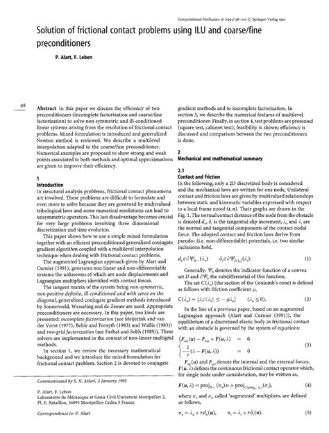 pdf solution of frictional contact problems using ilu and coarsefine