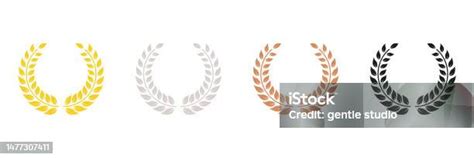우승자 채플렛 빈티지 올리브 잎 엠블럼 월계관 실루엣 아이콘 세트입니다 골드 실버 브론즈 블랙 리프 어워드 글리프 픽토그램 원형 나무 가지 성공 기호입니다 고립된 벡터 그림