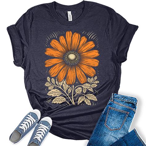 Vintage Sunflower Tshirt Women Boho Distressed Wildflowers Girls Graph
