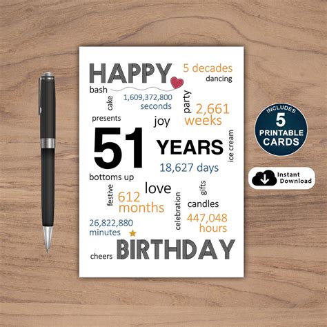 51st Birthday Card Celebration Design Printable Instant Download Etsy