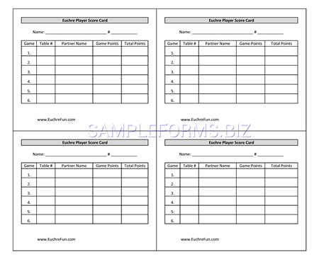 Printable Euchre Score Cards