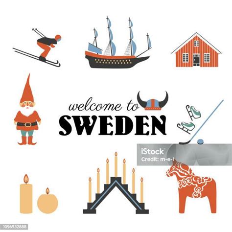 스웨덴어 벡터 전통적인 기호 세 일러 Tomtar 엘 프 Dalecarlica 말 달라 르 나 말 스키 스케이트 빨간 집 양 초 흰색 장식 세트 여행 아이콘 플랫 스타일에