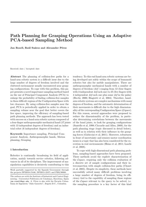 Pdf Path Planning For Grasping Operations Using An Adaptive Pca Based
