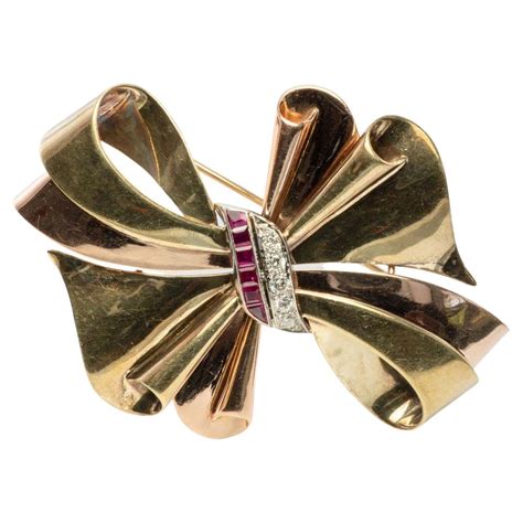 Tiffany And Co Ruby Diamond Brooch Bow Ribbon 14k Gold For Sale At