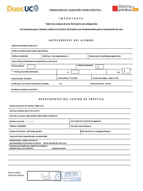 Formulario Validación Centro Práctica Pdf