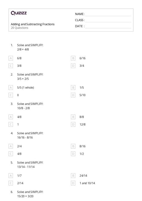50 Adding And Subtracting Fractions Worksheets For 8th Class On Quizizz Free And Printable