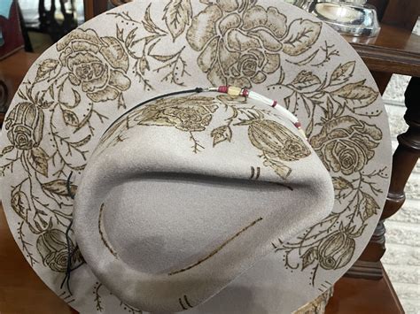 Custom Burned Hat With Rose Design Accented With A Bone And Coral