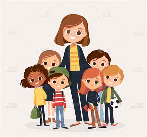 漂亮的老师和学生站在一起。同学们和老师合影。小学教育