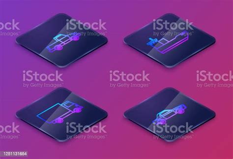 설정 등측정 라인 픽업 트럭 배달화물 트럭 차량 화물 선과 세단 자동차 파란색 정사각형 버튼 벡터 3차원 형태에 대한 스톡 벡터