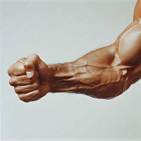 Muscular Male Arm Flexing In Dynamic Fitness Pose On Plain Background