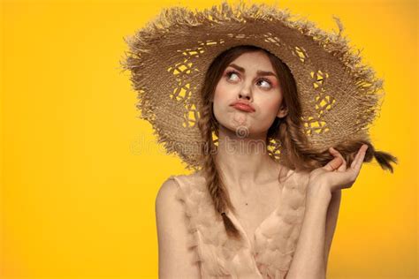 Lady In A Hat And Dress Red Hair Yellow Background Model Portrait Fun