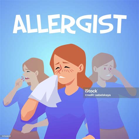 알레르기 전문의 여자 플랫 스타일 벡터 일러스트 레이 션이 있는 사각형 배너 문제에 대한 스톡 벡터 아트 및 기타 이미지