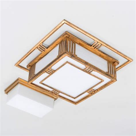 Gilt Metal And Glass Square Ceiling Light And A Smaller Gilt Metal Mounted Rectangular Ceiling