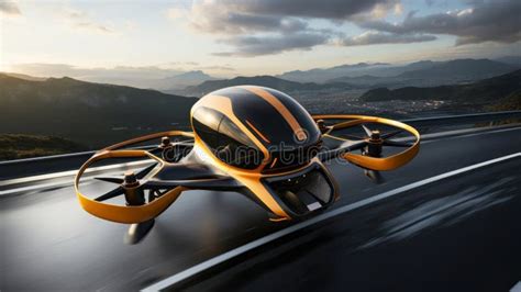 Futuristic Orange Passenger Drone Takes Off From An Airstrip Near A
