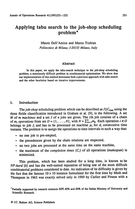 pdf applying tabu search to the job shop scheduling problem