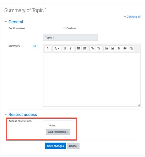 Restrict Access Settings Moodledocs