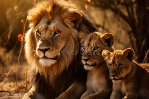 Lion With Lioness And Lion Cub Resting Together At Savanna Grassland In