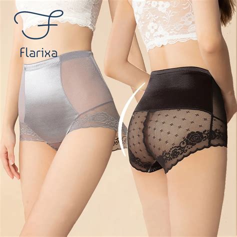 Flarixa 높은 허리 플랫 배꼽 팬티 통기성 레이스 여성 팬티 원활한 컴포트 팬티 섹시 할로우 투명 속옷