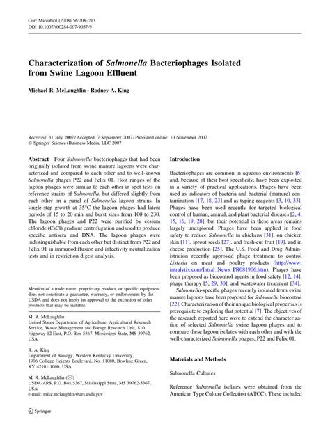 Pdf Characterization Of Salmonella Bacteriophages Isolated From Swine Lagoon Effluent
