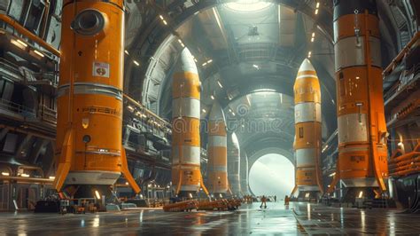 A Futuristic Rocket Assembly Facility Interior With Multiple Spacecraft