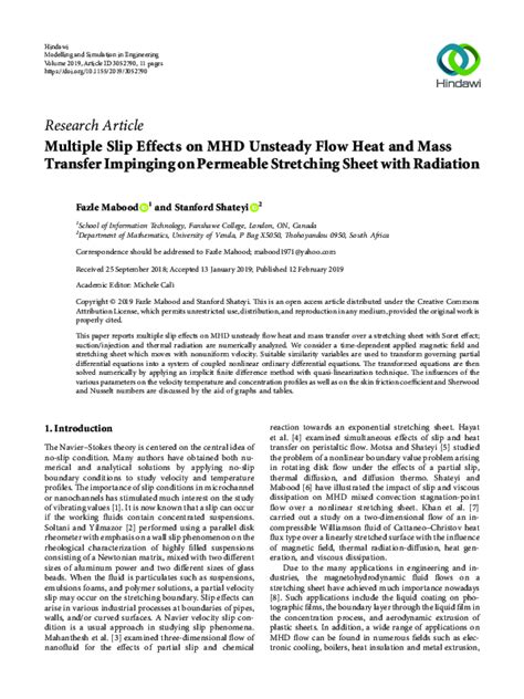 Pdf Multiple Slip Effects On Mhd Unsteady Flow Heat And Mass Transfer Impinging On Permeable