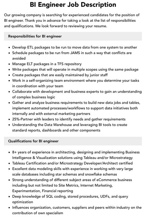 Bi Engineer Job Description Velvet Jobs